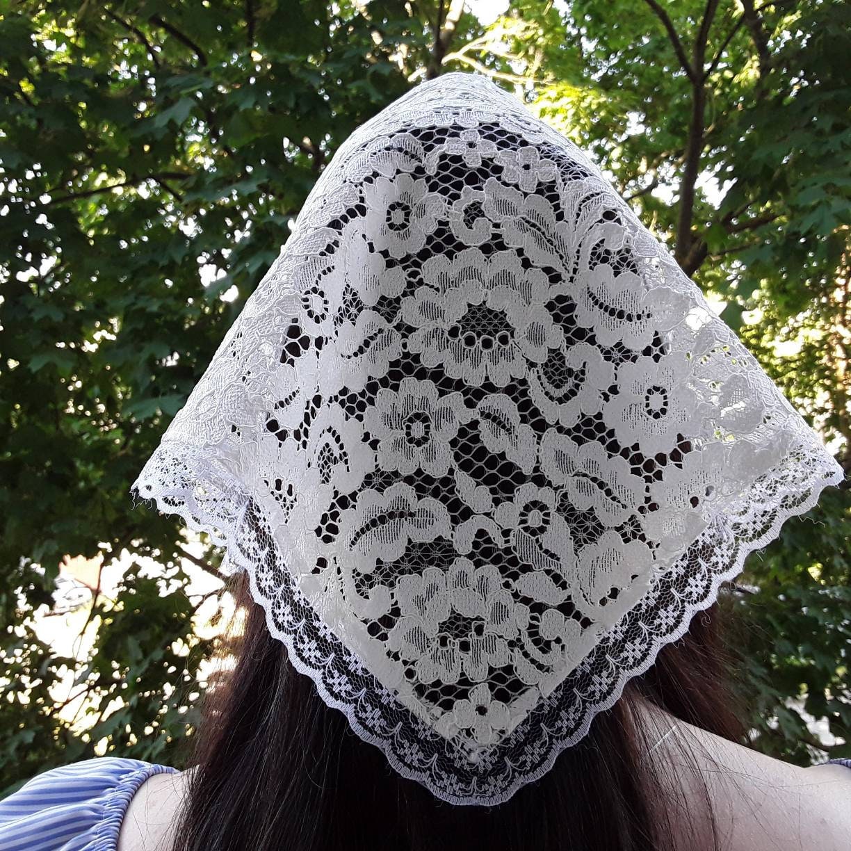 Christian Head Cover White/ Sheer Lace Head Scarf With Ties/ Cathedral ...