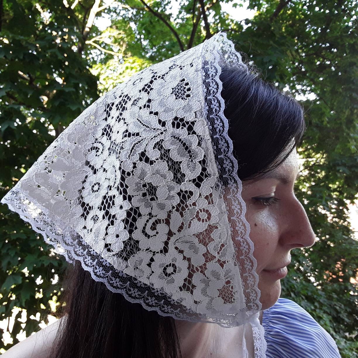 Christian Head Cover White/ Sheer Lace Head Scarf With Ties/ Cathedral ...