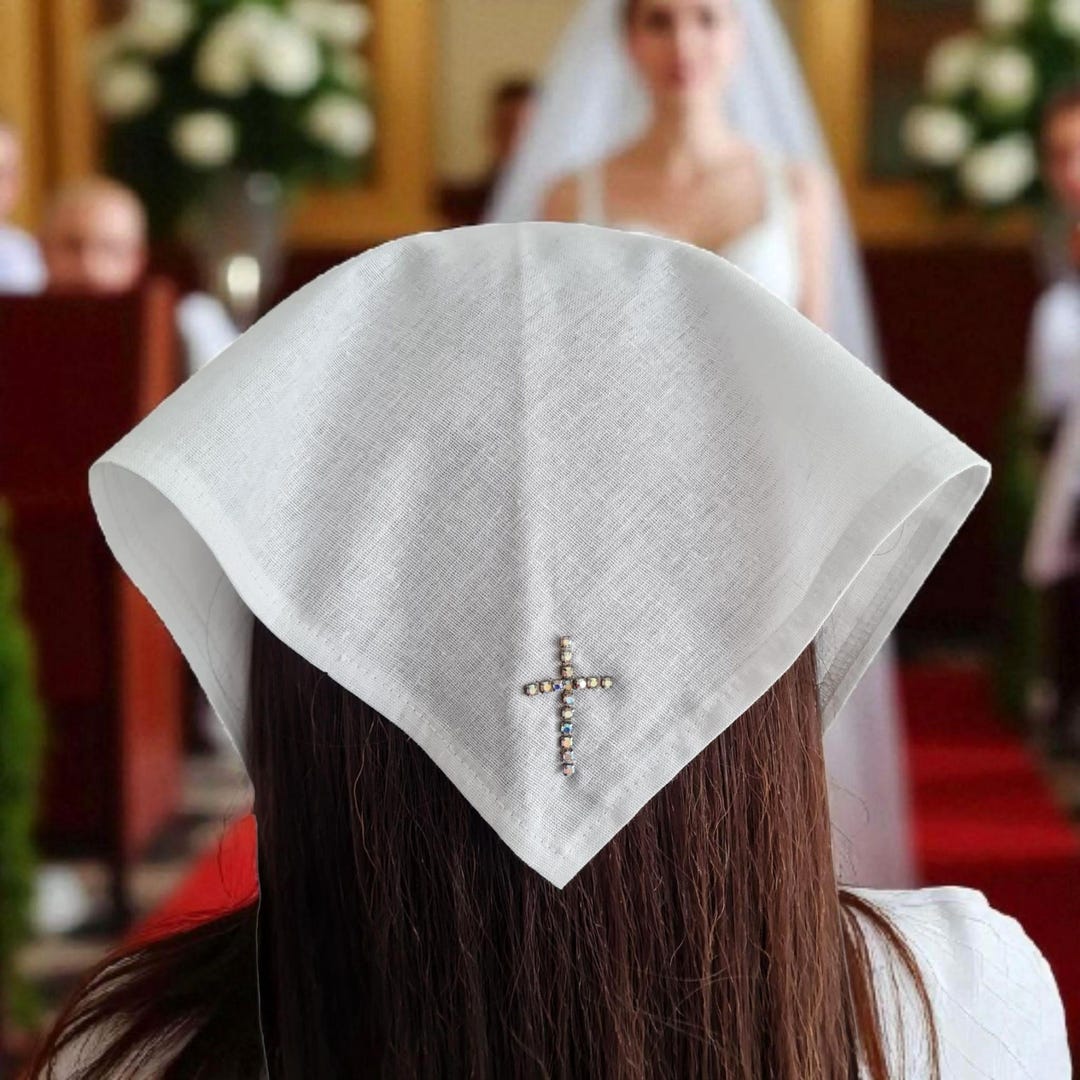Handmade Linen Chapel Veil: Triangle Headscarf With Crystal Cross and ...