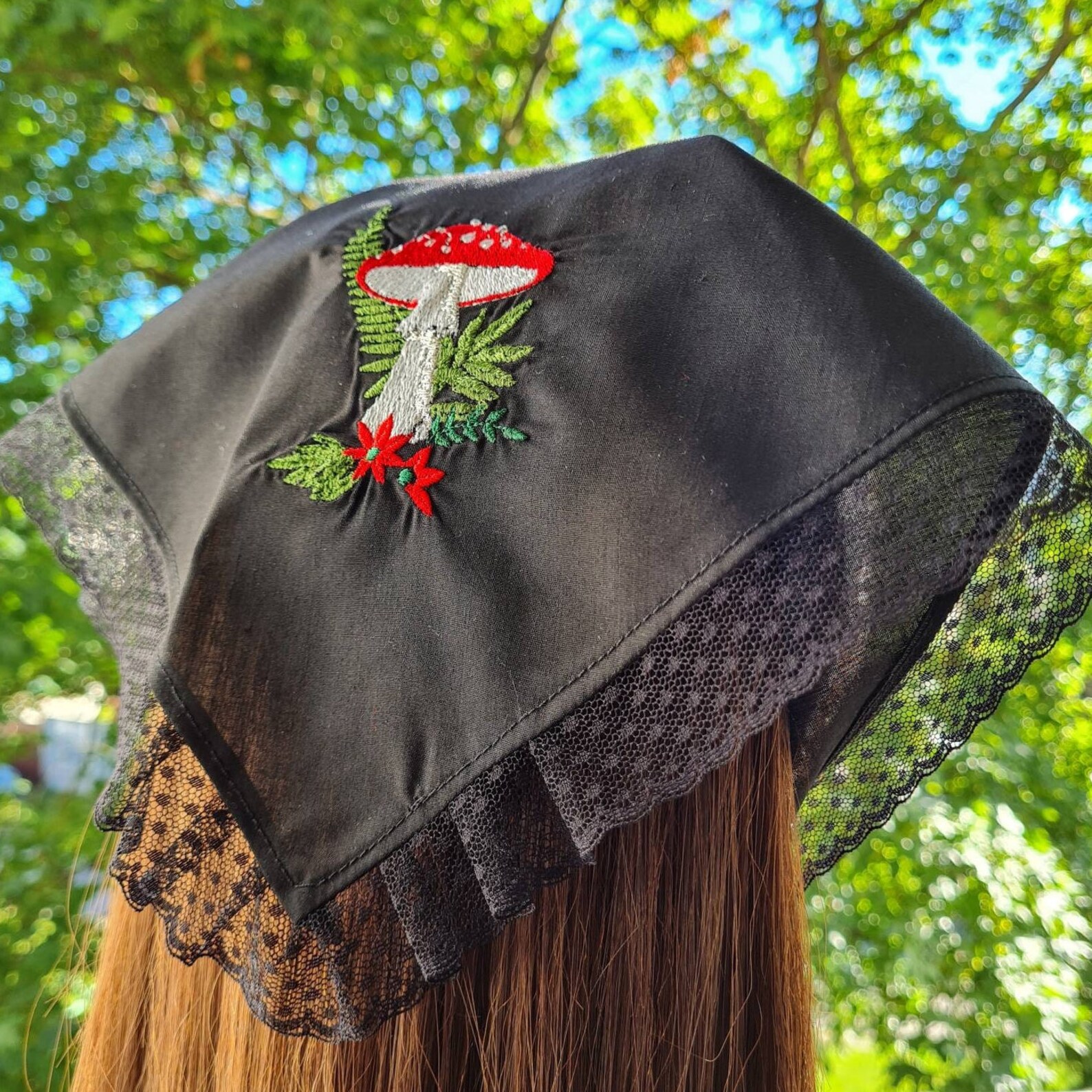 Mushroom Embroidered Bandana/ Triangle Headscarf With Lace and Ties ...