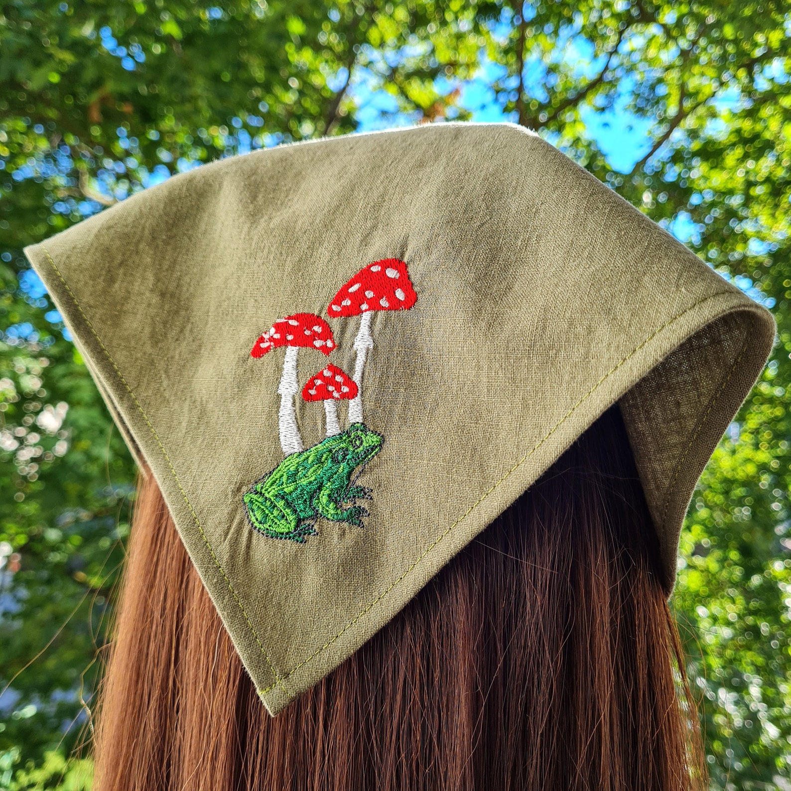 Mushroom Embroidered Bandana/ Triangle Headscarf With Lace and Ties ...