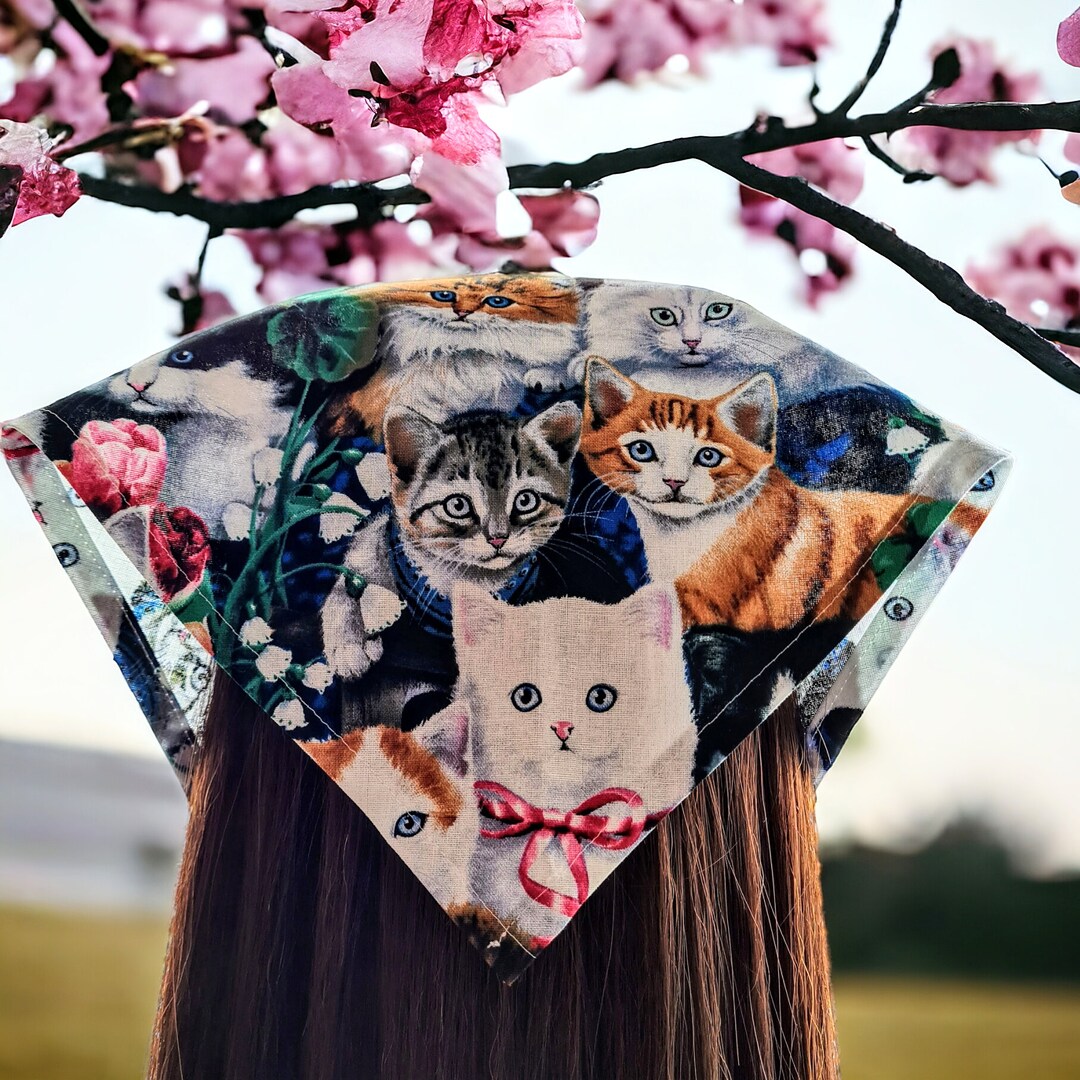 Triangle Cotton Headscarf With Ties: Summer Beach Bandana With Cats ...