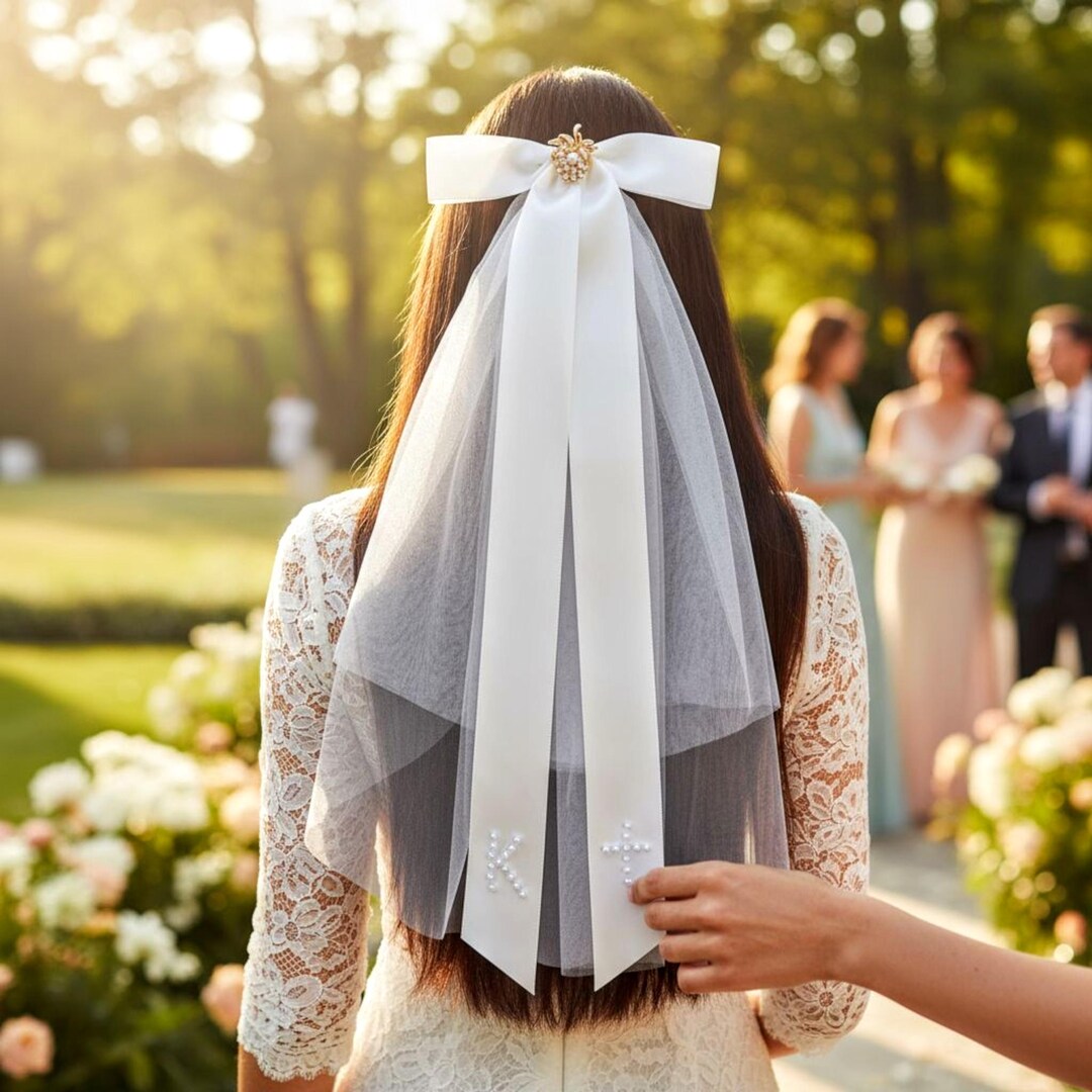 Personalized Pearl Initial Hair Bow Veil: First Communion Gift ...