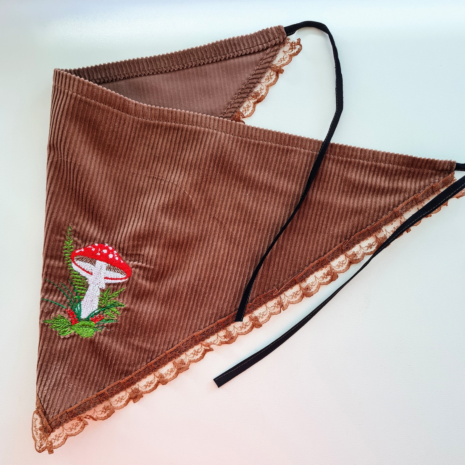 Mushroom Embroidered Bandana/ Triangle Headscarf With Lace and Ties ...
