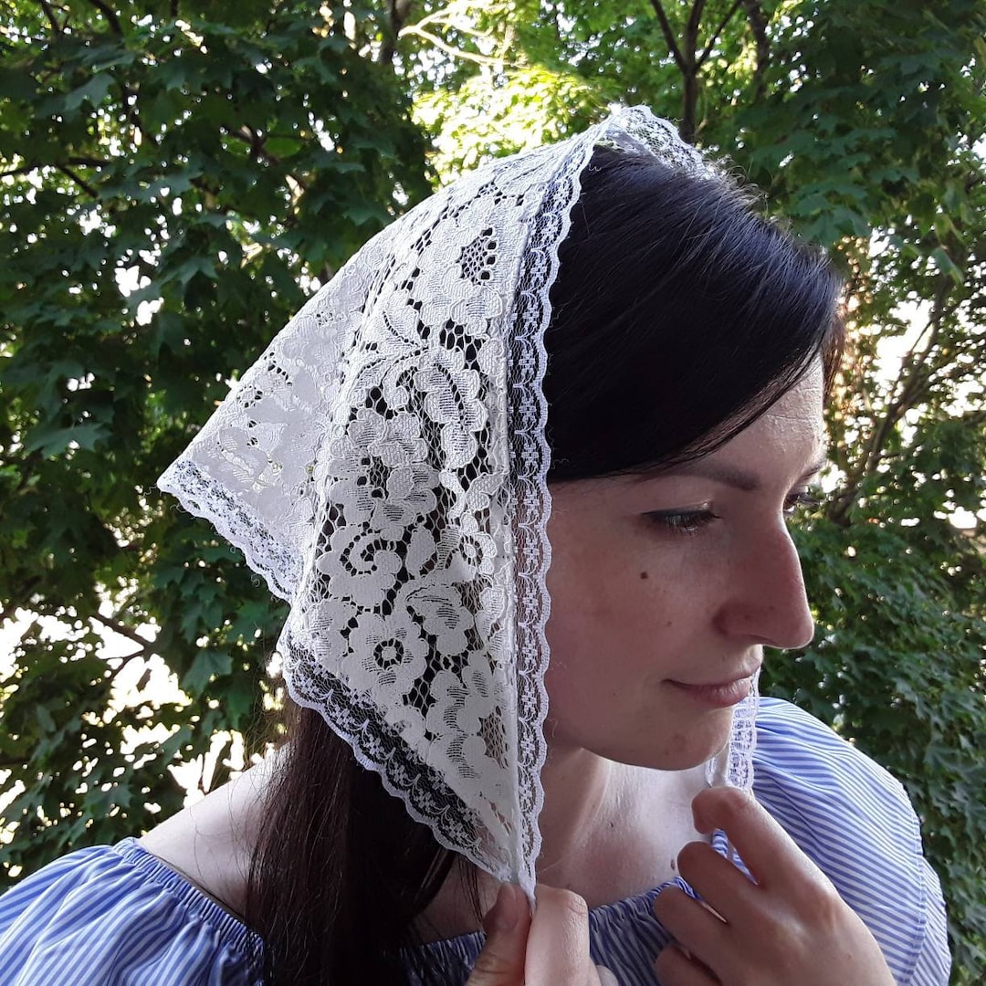 Christian Head Cover White/ Sheer Lace Head Scarf With Ties/ Cathedral ...