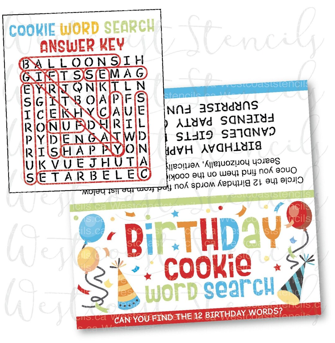DIGITAL Style 2 Birthday Word Search Bag Topper and Solution, Tag, Pdf ...