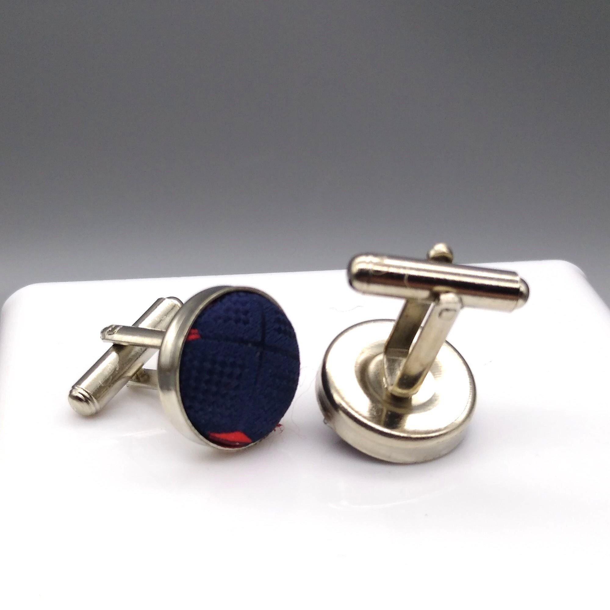 Vintage Fabric Cufflinks Made From Ties in Silver Tone, Navy Blue With ...