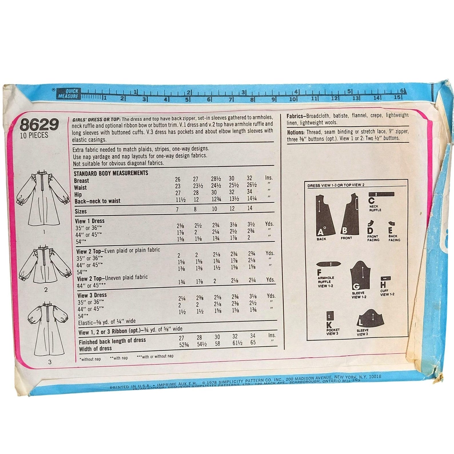 1970s Simplicity 8629 Vintage Sewing Pattern Girls Dress and Top Pants ...