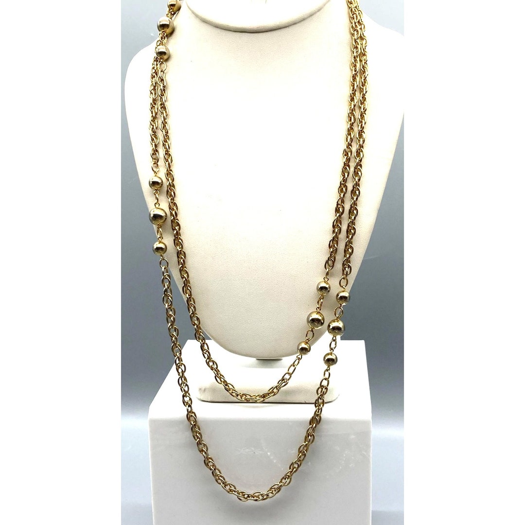 Vintage Double Strand Chain Necklace With Polished Triple Bead Stations ...