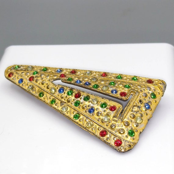Antique Cut Steel Gilded Triangle Brooch with Colorfu… - Gem