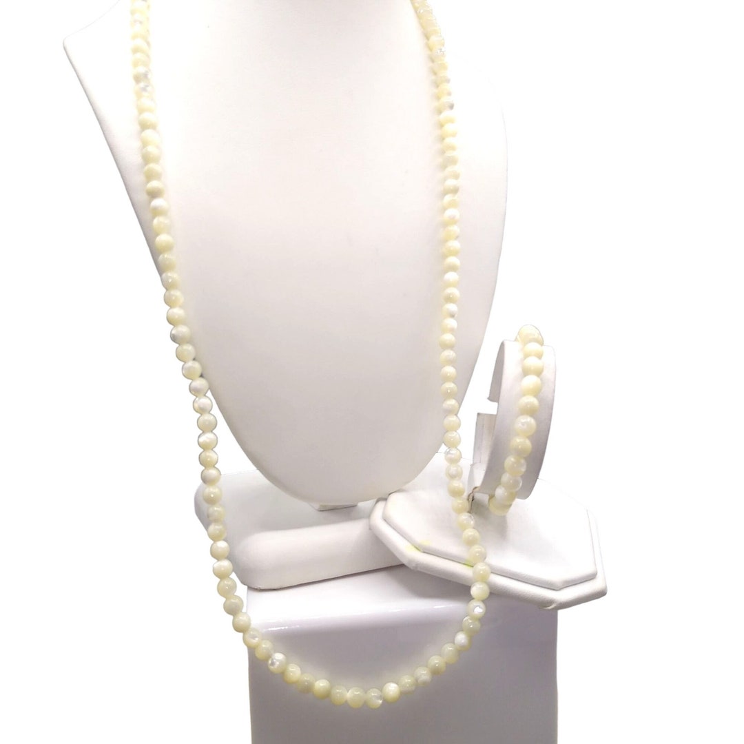 Vintage Lustrous White Mother of Pearl Beads Long Necklace and Bracelet ...