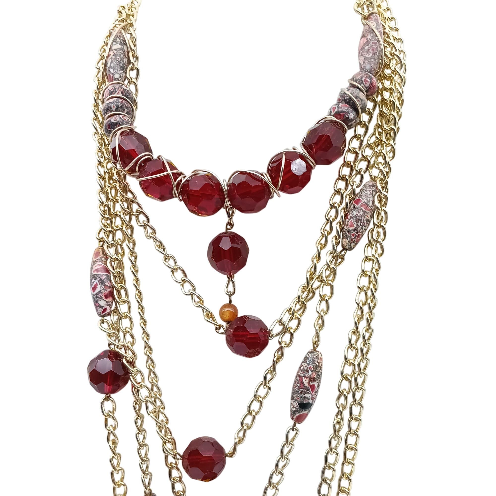 Vintage Multi Layered Red & Gold Beaded Chain Necklace, Bold Wire ...