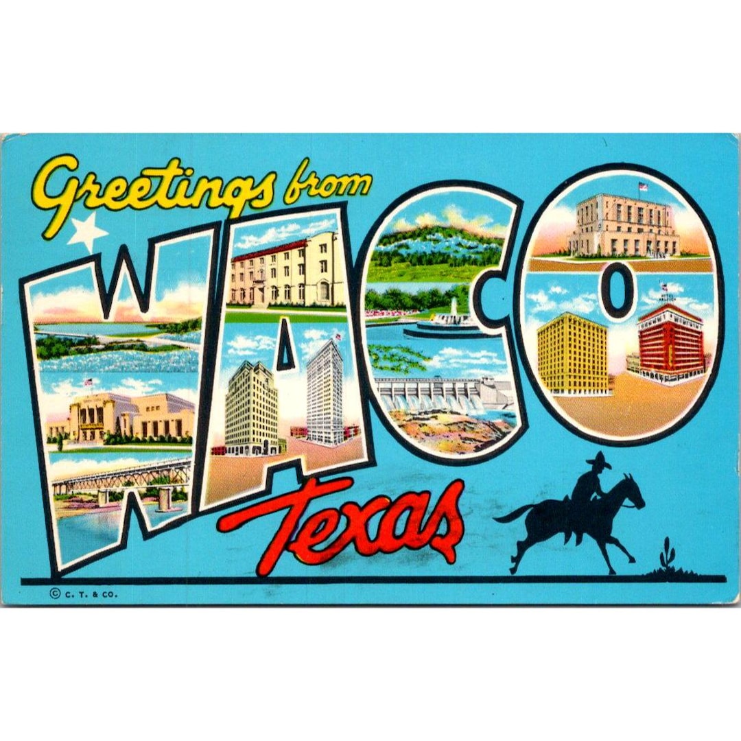 Vintage 1940s Greetings From Waco Texas Postcard With Cowboy & City ...