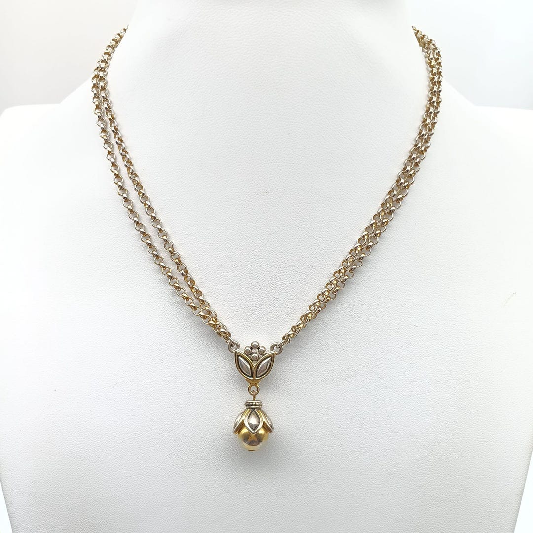 Vintage Gold-tone Double Rolo Chain Necklace With Ornate Bead Pendant ...