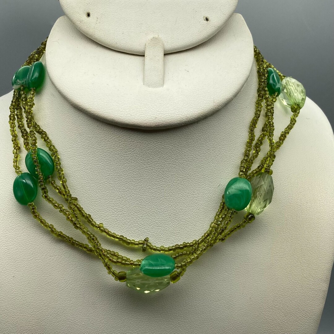 Long Vintage Seed Bead Necklace in Shades of Green With Lucite - Etsy