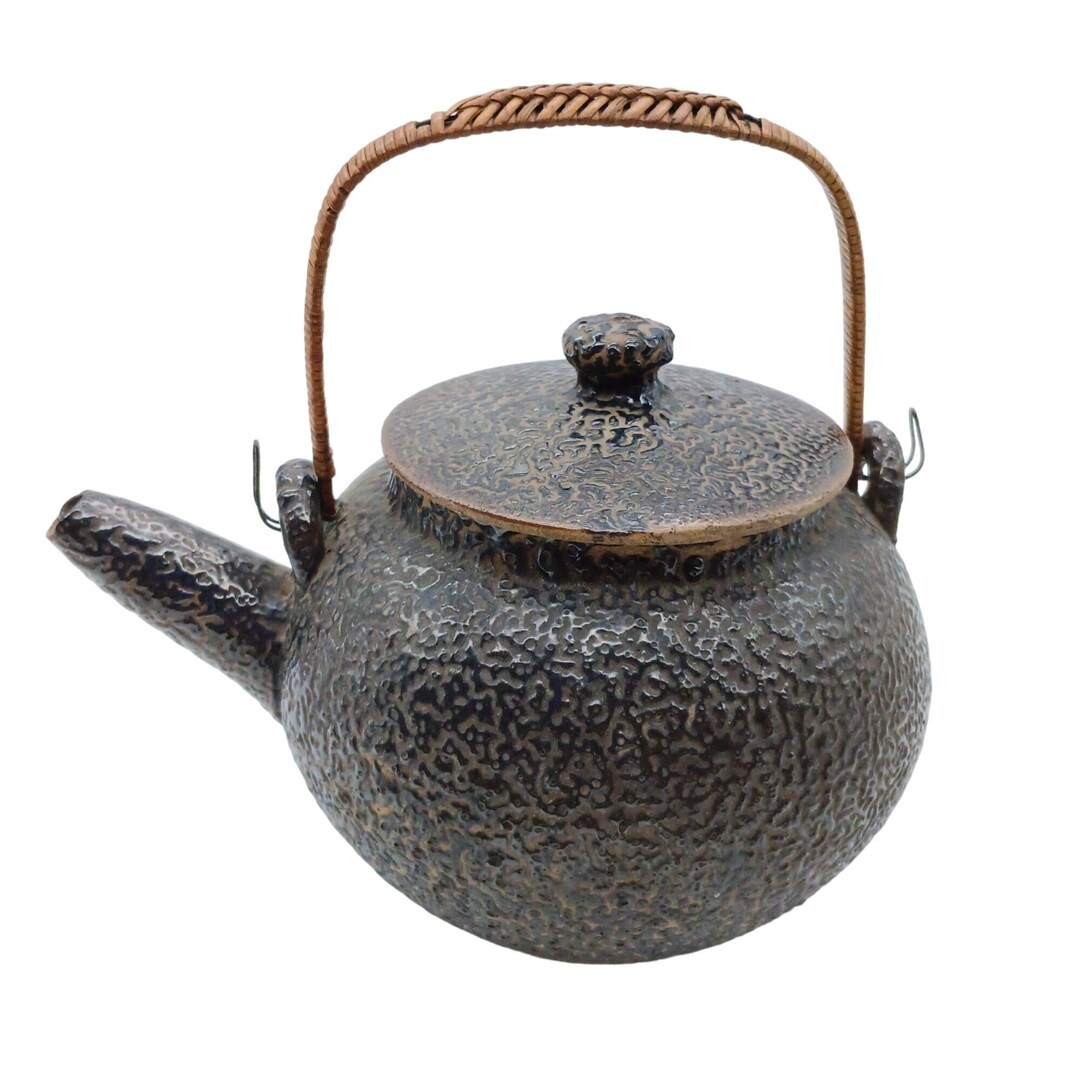 Japanese Wormy Ware Stoneware Teapot Braided Bamboo Handle, Antique ...