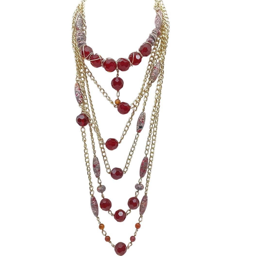 Vintage Multi Layered Red & Gold Beaded Chain Necklace, Bold Wire ...