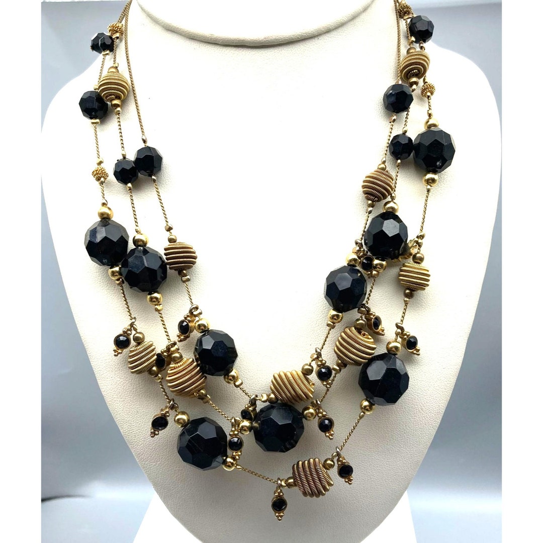 Vintage Triple Strand Necklace, Chunky Funky Black and Gold Chains and ...