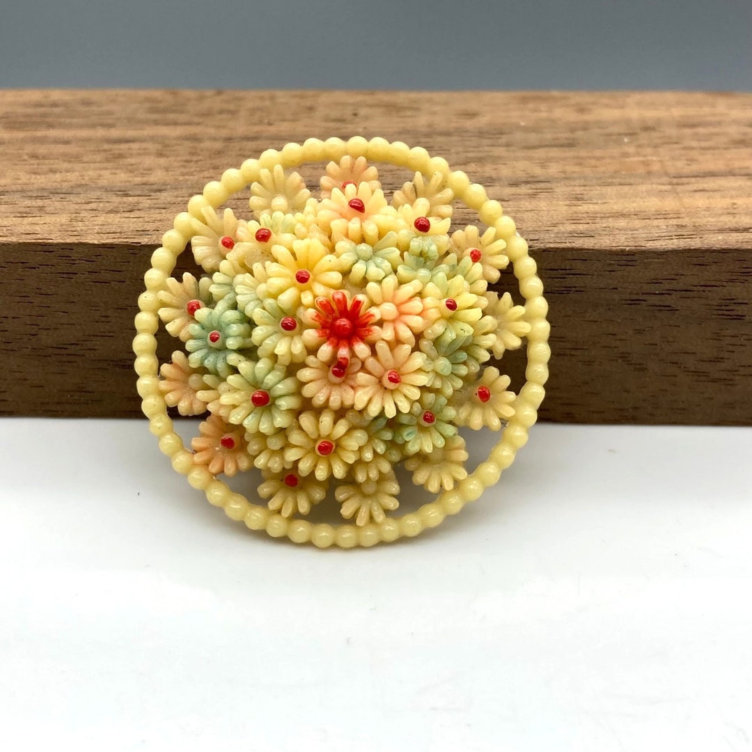 Vintage Carved Celluloid Brooch, Cream Colored Flowers, Colorful ...