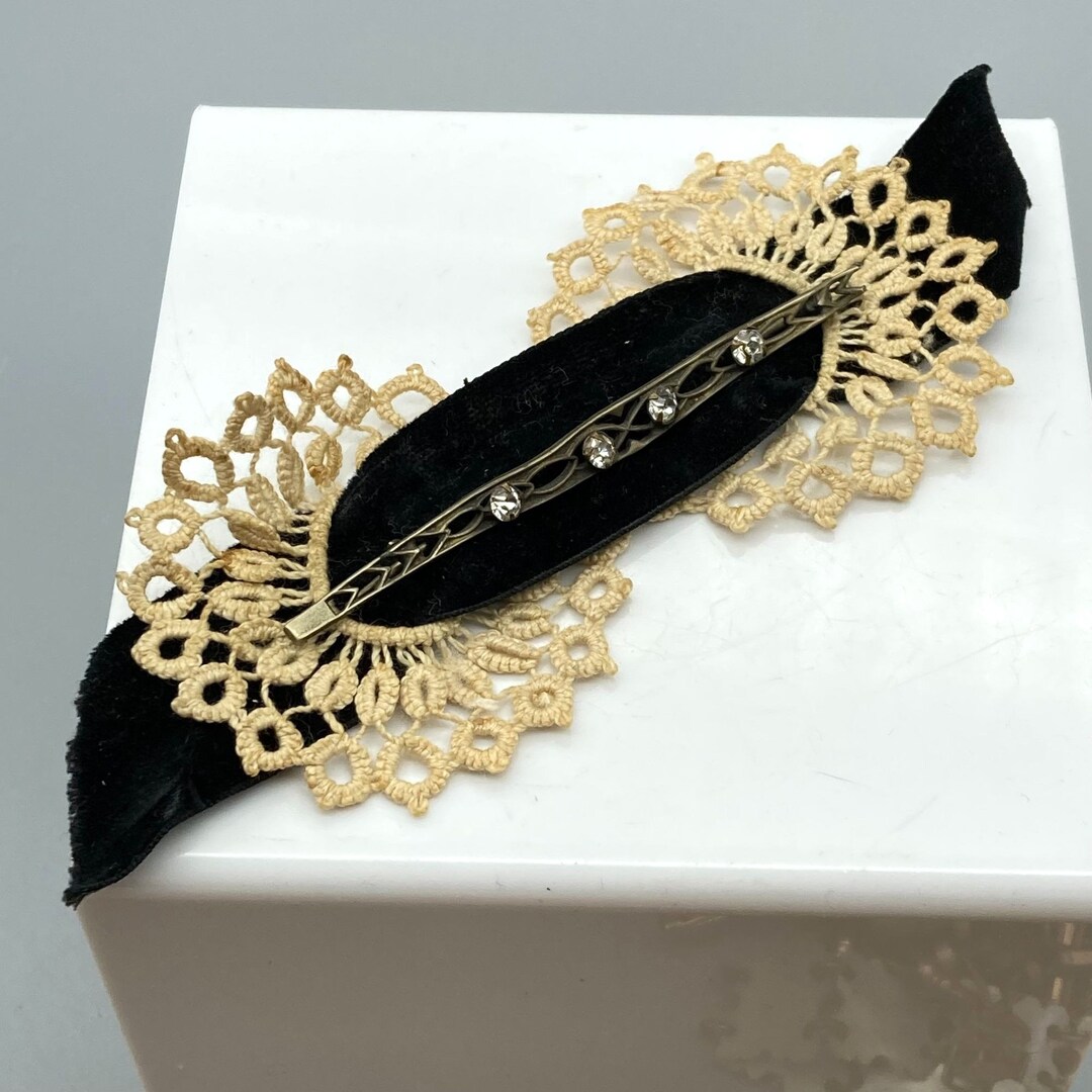 Victorian Mourning Bar Brooch With Velvet Ribbon and Lace, Long Crystal ...