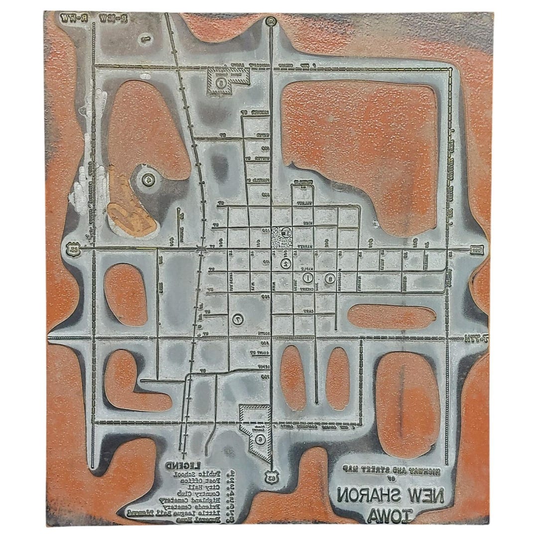 Vintage New Sharon Iowa Map Letterpress Printing Block 6.25x5.5 Metal ...