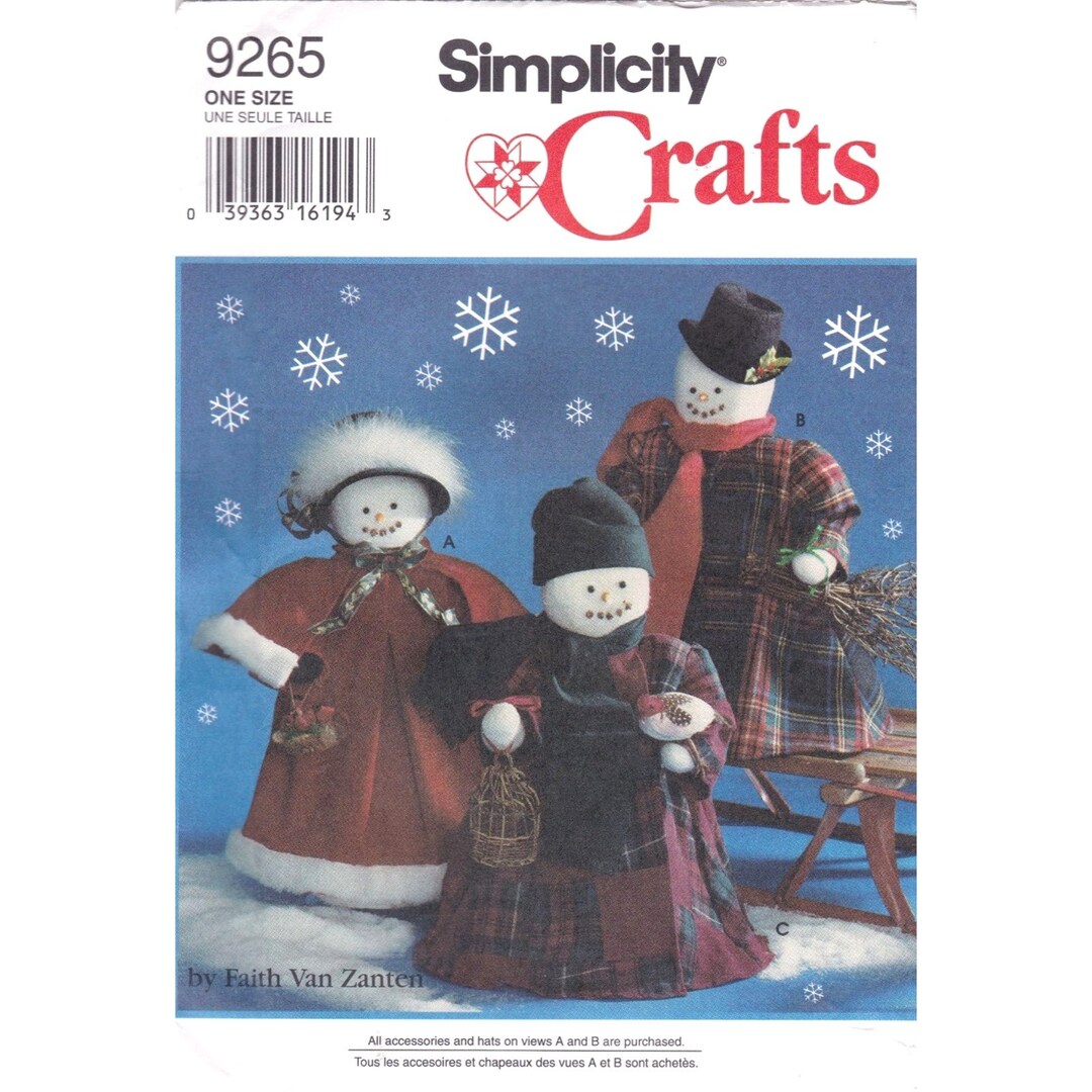 UNCUT Vintage Sewing PATTERN Simplicity Crafts 9265, 18in Snowmen and ...