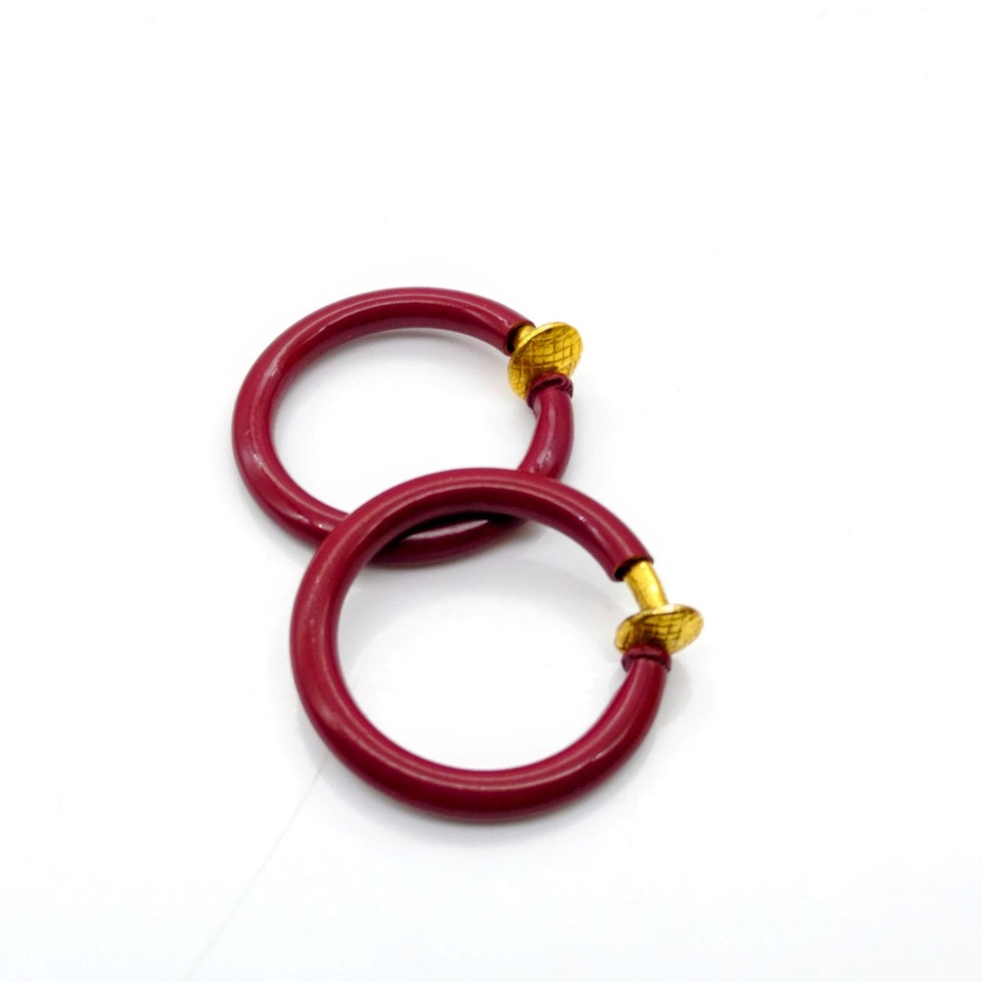 Burgundy Enamel Vintage Hoop Earrings, Basic Spring Loaded Clip On - Etsy