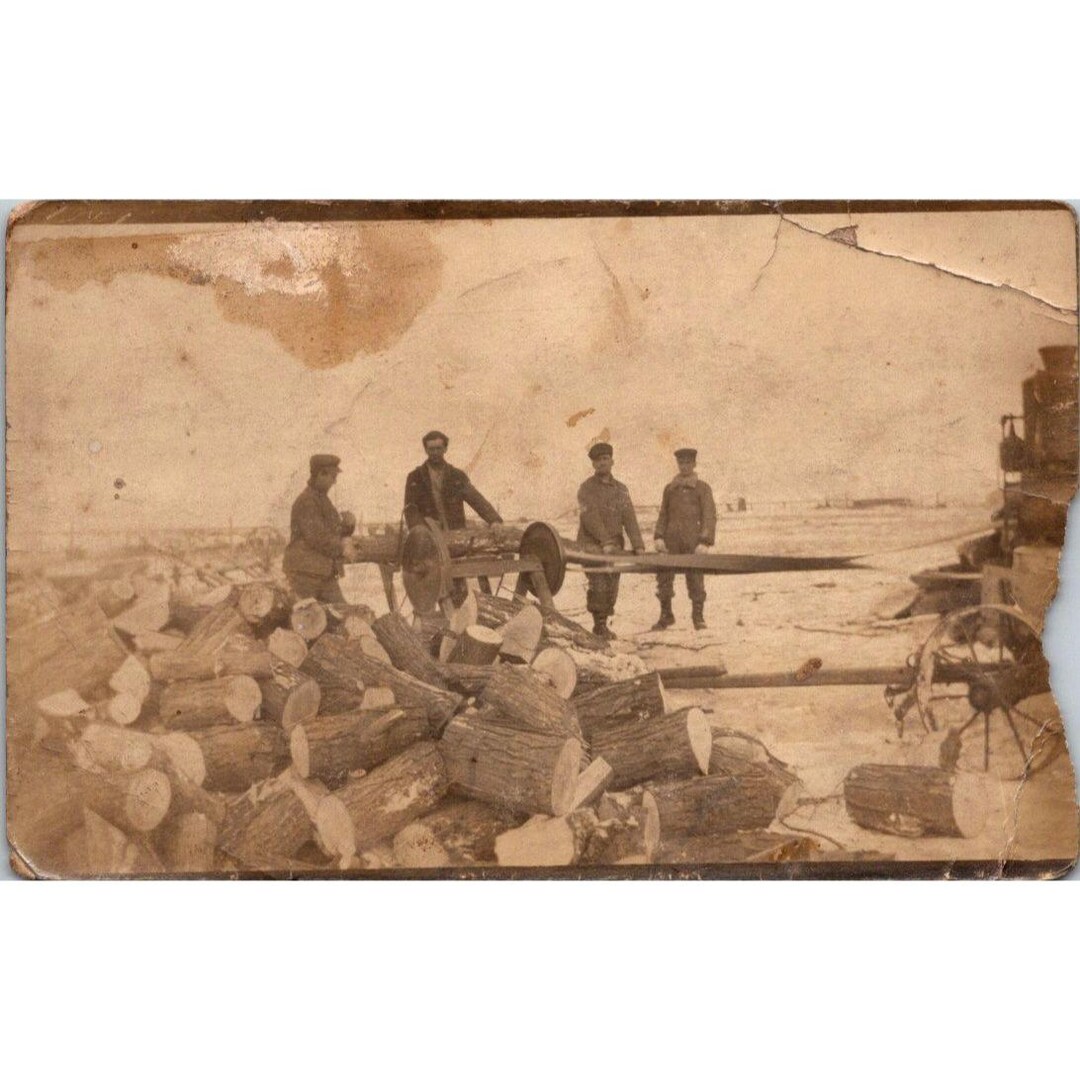 Vintage Sepia Postcard Logging Scene Early 1900s Men With Timber ...
