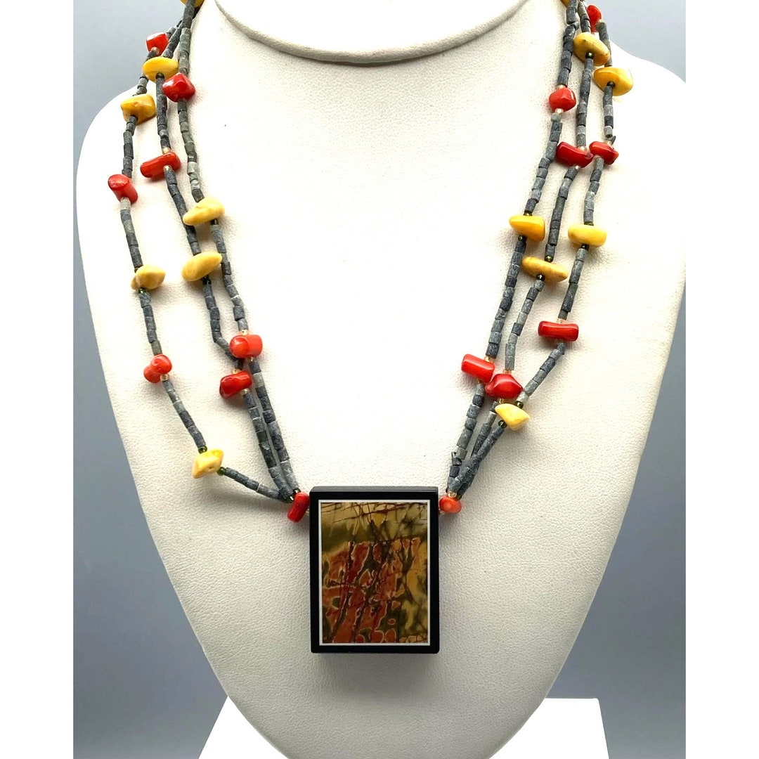 Vintage Tri Color Jade Choker, Unique Beaded Necklace With Pendant and ...