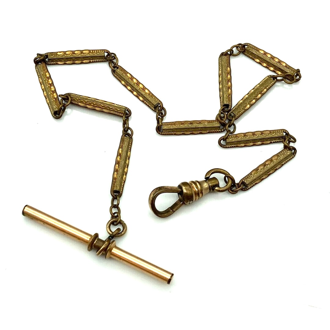 Antique SOB & Co Watch Chain With Clip and T Bar, Gold Filled Fancy Bar ...