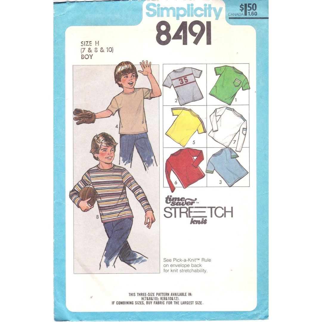 Vintage Sewing PATTERN Simplicity 8491, Time Saver Stretch Knit 1977 Boys Pullover T Shirt ...