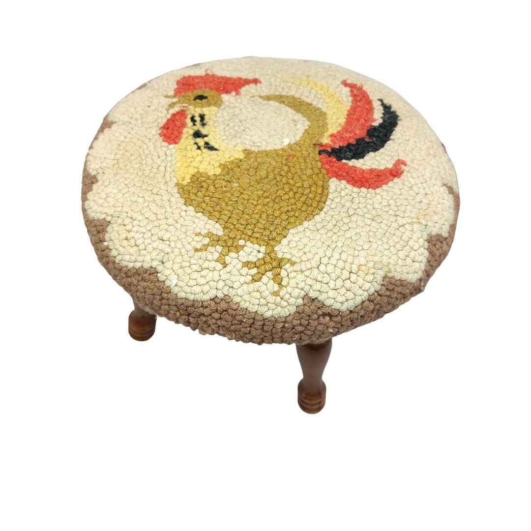Vintage Hooked Rug Rooster Footstool, 4 Legged Country Farmhouse Decor ...