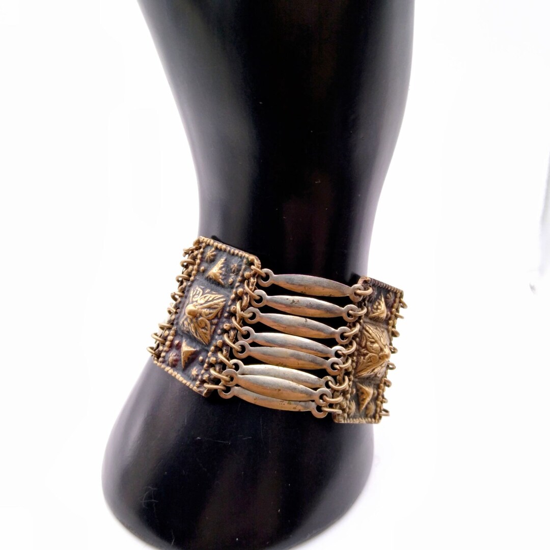 Pyramid Links Panel Bracelet, Vintage Silver Statement Bangle, Stamped ...