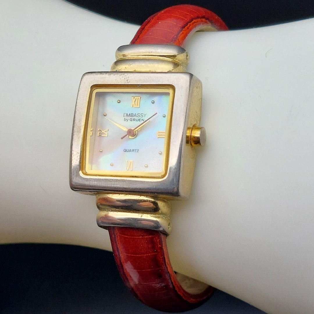 Embassy by Gruen Vintage Womens Quartz Watch Red Leather Gold-tone Case ...