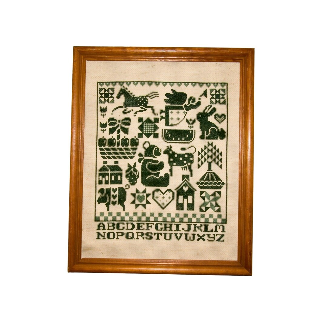 Vintage Framed Amish Cross Stitch Sampler Art, Green and White Barn ...
