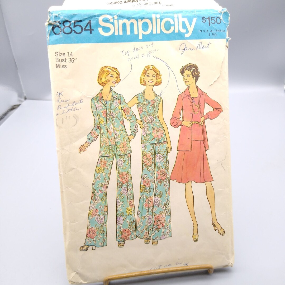 Vintage Sewing PATTERN Simplicity 6854, Misses and Womens 1974 Blouse ...