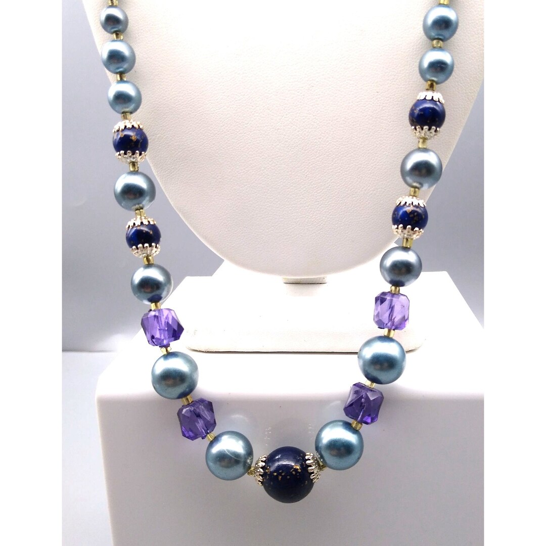 Vintage Slate Blue Long Beaded Necklace, Lovely Pastel Strand With ...