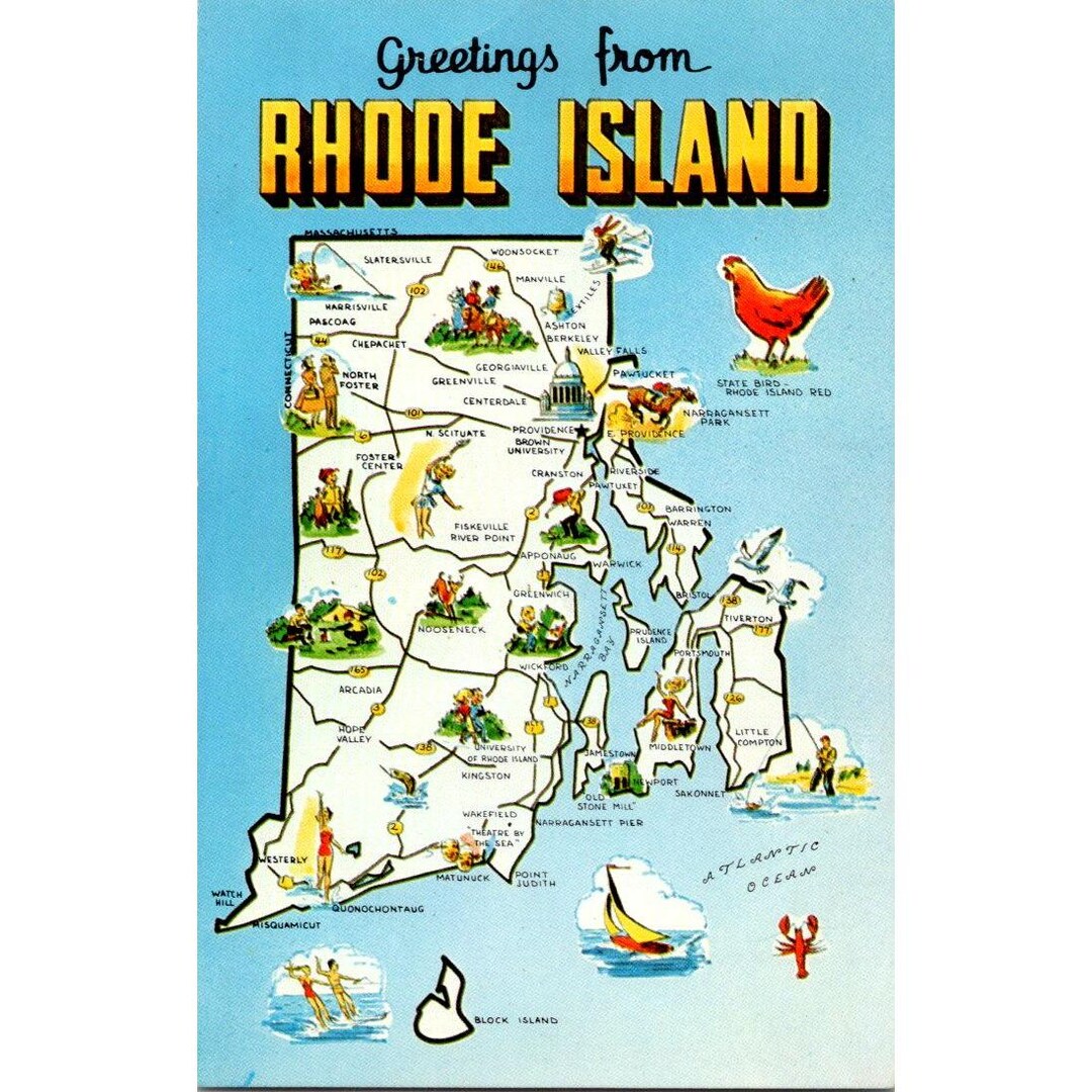 Vintage Rhode Island Postcard With Map & State Symbols - Etsy
