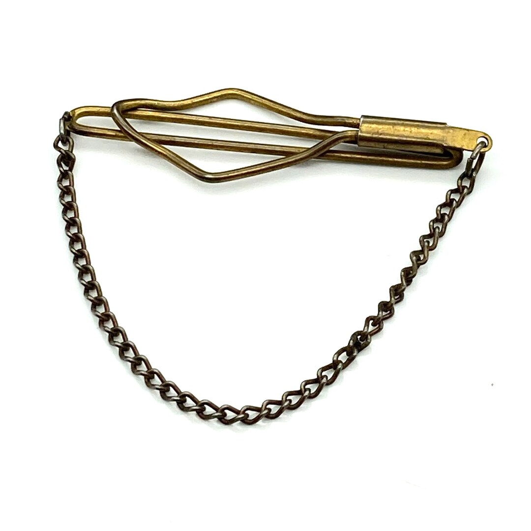 Vintage Gold Tone Tie Chain Bar Slide With Chain, Art Deco Brass Tie ...
