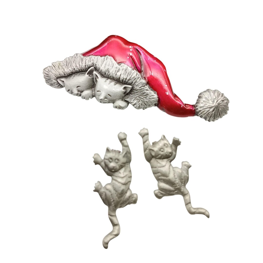 Vintage JJ Pewter Climbing Cat Earrings and Red Santa Hat With Kittens ...