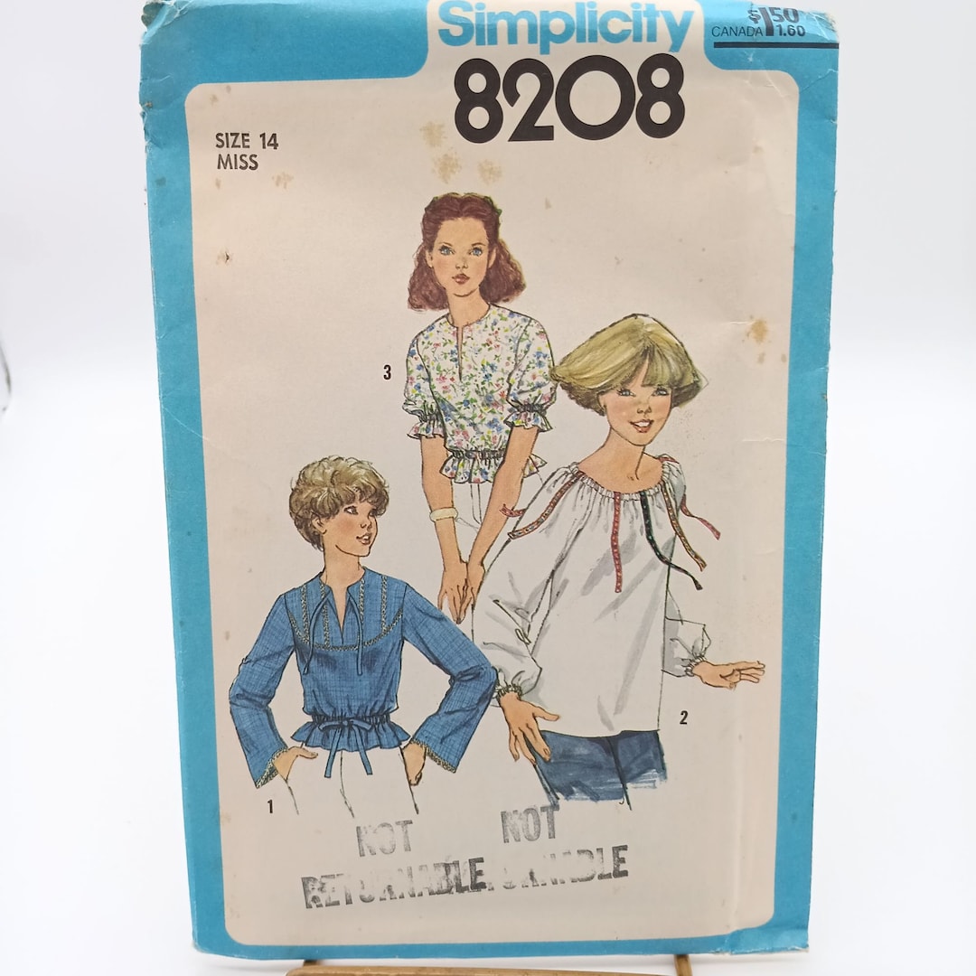 UNCUT Vintage Sewing PATTERN Simplicity 8208, Misses 1977 Pullover Tops ...