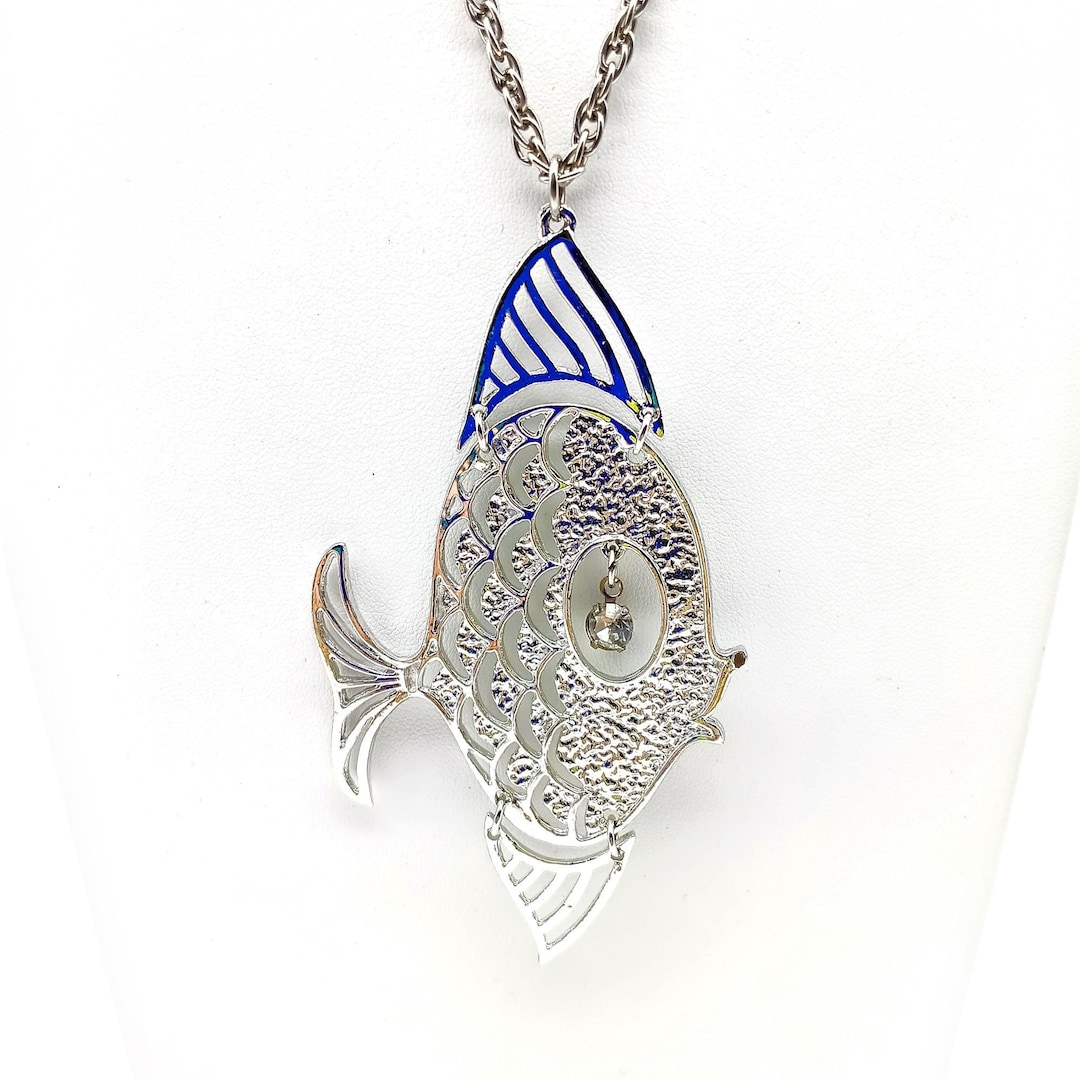 Whimsical Articulated Angel Fish Pendant, Retro Silver Tone on Rope ...