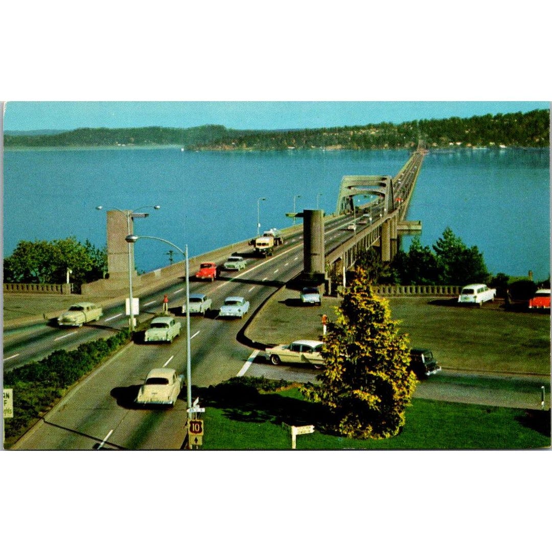 Vintage 1950s Postcard Floating Bridge Lake Washington Seattle C.T. Art ...