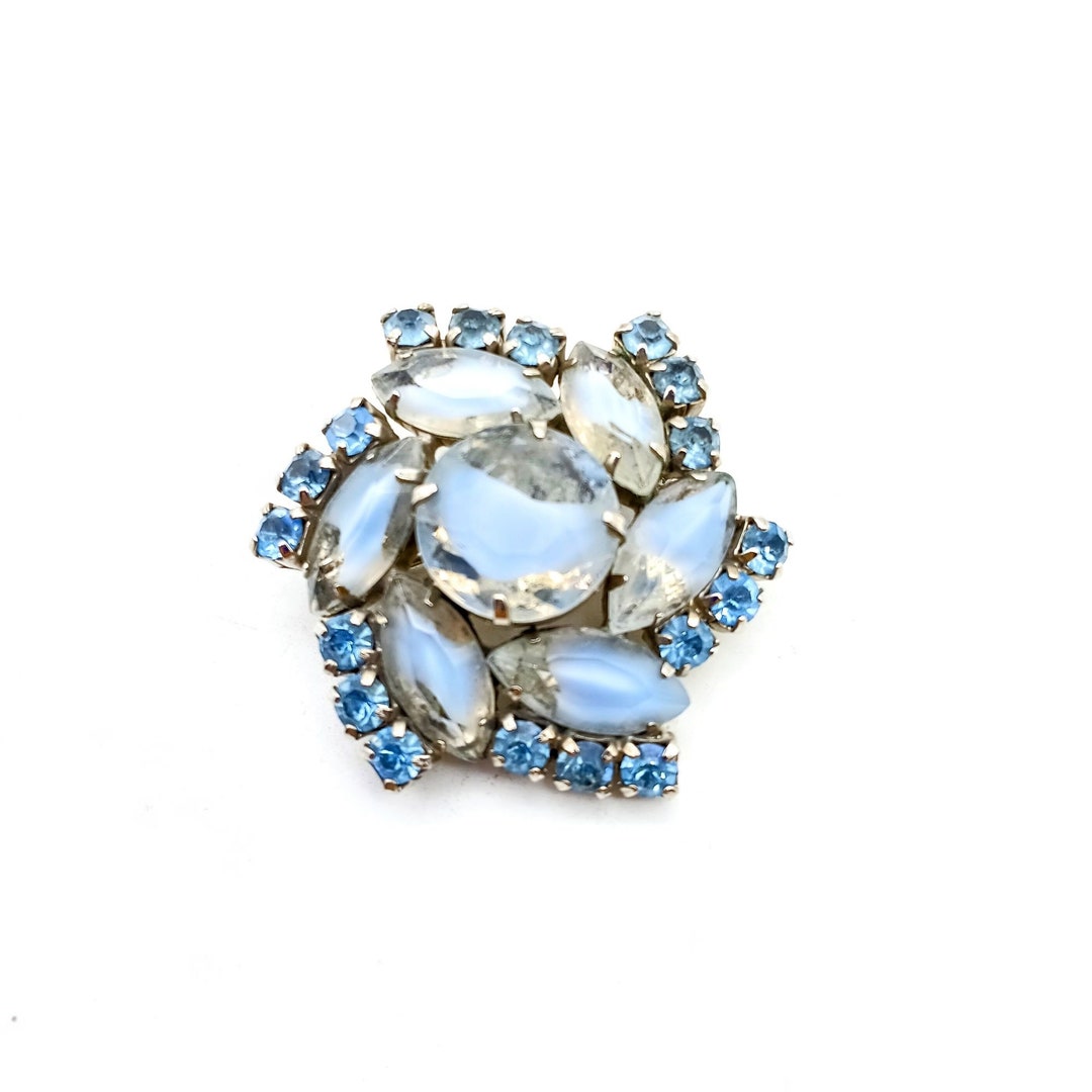 Vintage Crystal and Givre Glass Brooch Sparkling Blue Pinwheel Lapel ...