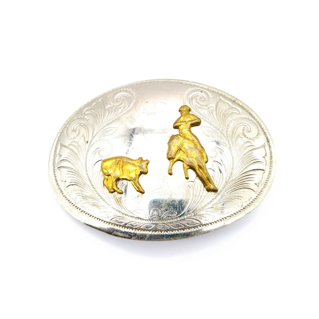 Vintage Western Belt Buckle, Brass Calf Roping on Etched Silver Tone - Etsy