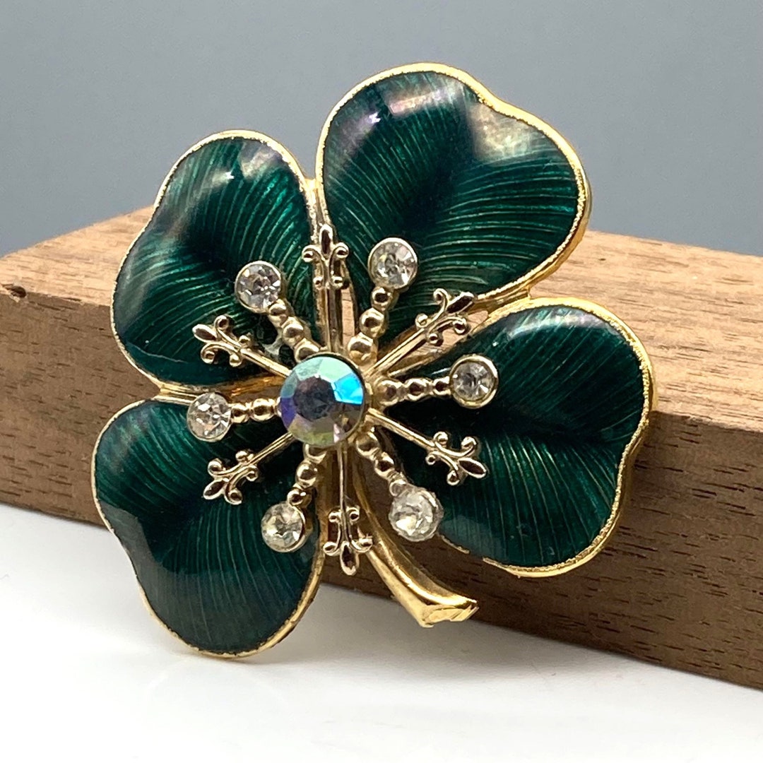 Vintage Green Shamrock Brooch, Lucky Four Leaf Clover Lapel Pin With ...