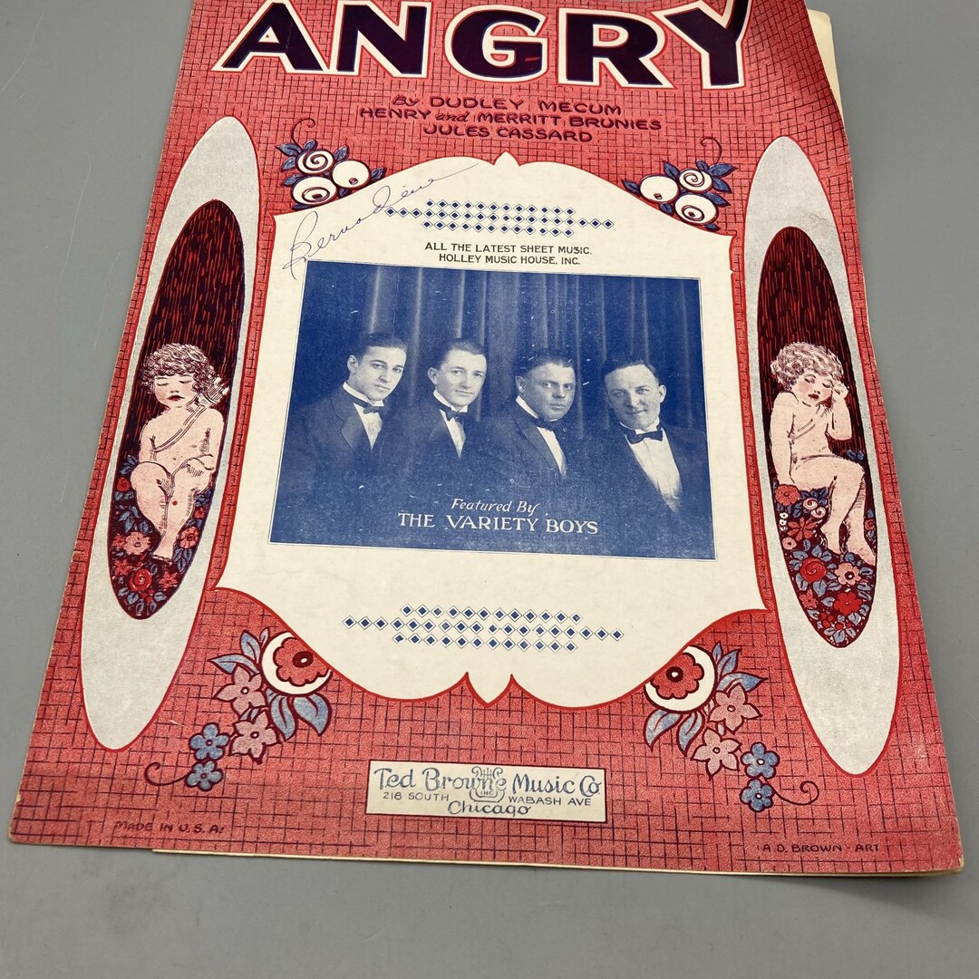 Vintage Ukelele Sheet Music, Angry by Mecum Brunies Cassard, Ted Browne ...