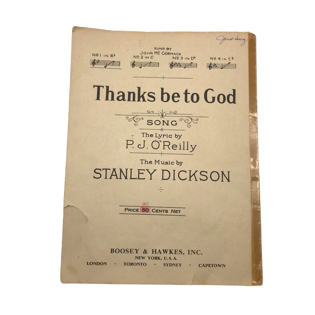 Vintage Sheet Music, Thanks Be to God, O'reilly and Dickson 1921 ...