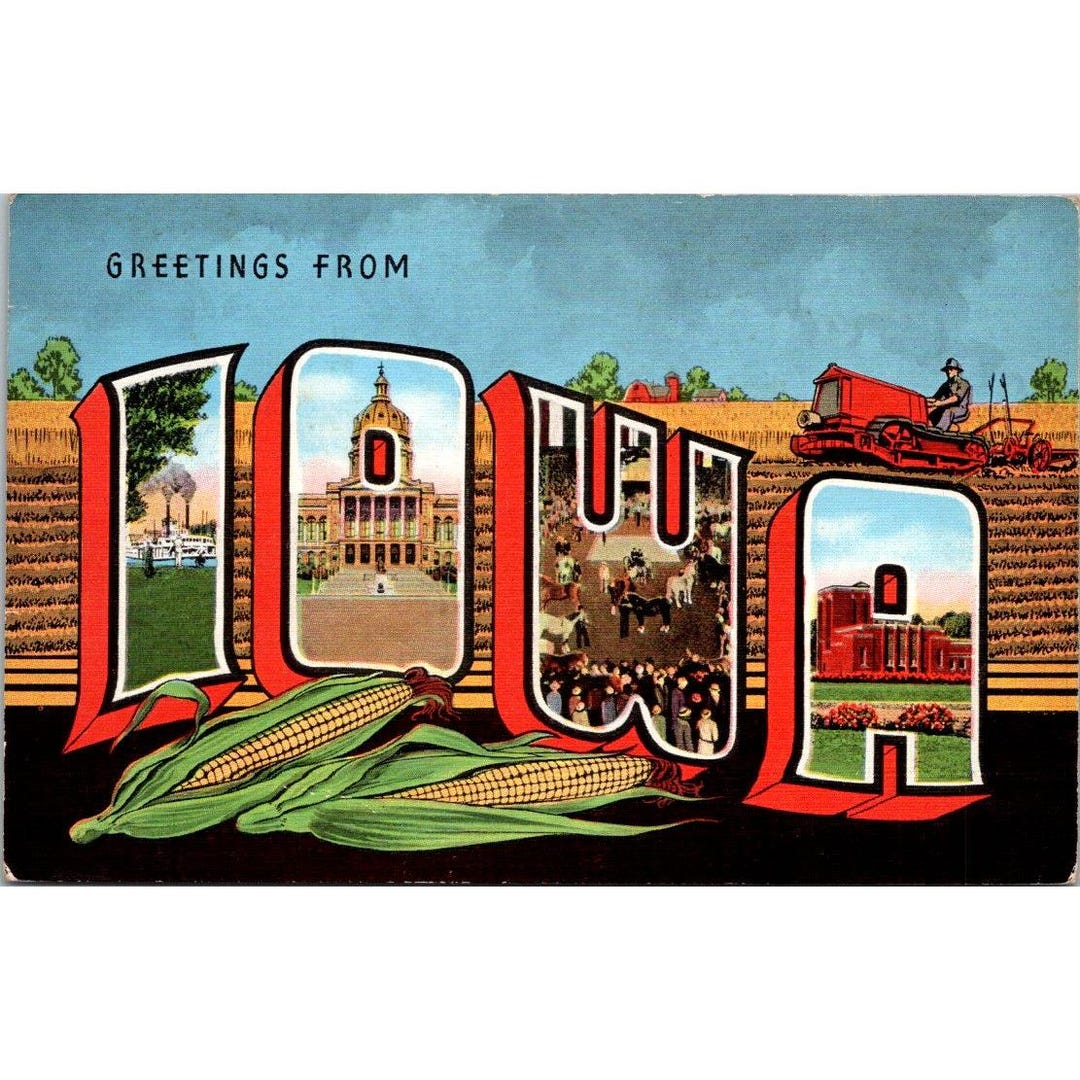 Vintage Iowa Greetings Postcard With Iconic Landmarks & Corn ...