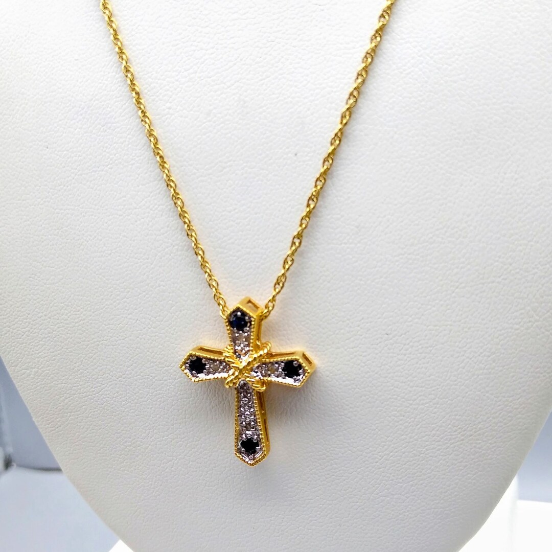 Vintage JC Cross Pendant Necklace, Gold Tone With Clear Pave and Blue ...